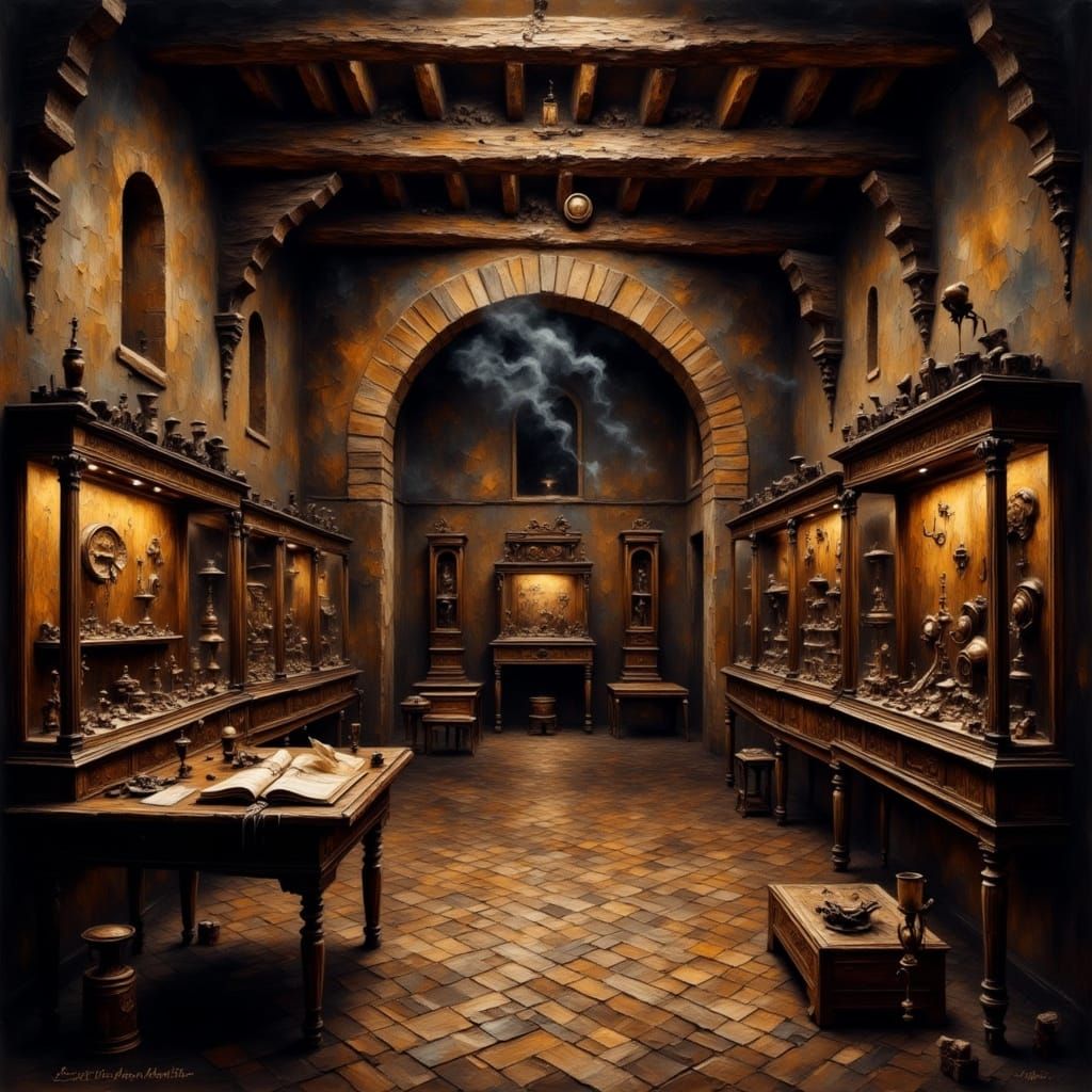 Biomechanical Cryptid Museum in Medieval Castle St... - AI Art