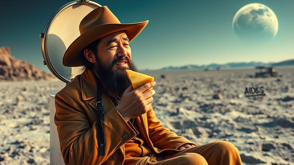 Aiden a Vietnamese cowboy on the moon eating a pie... - AI Art