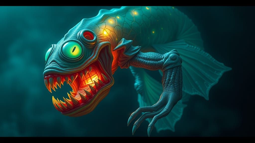 Grotesque Mermaid in Dark Bioluminescent Abyss - AI Art
