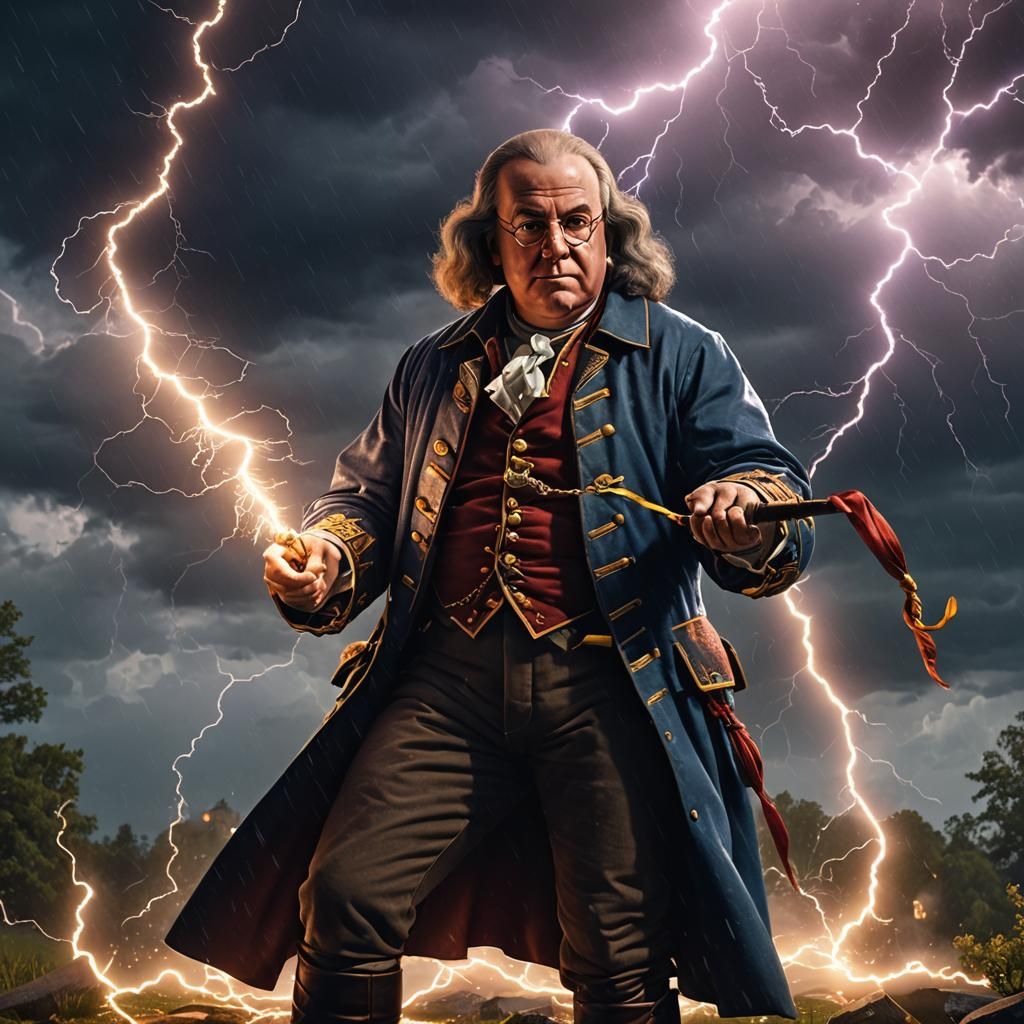 Benjamin Franklin experimenting with lightning - AI Generated Artwork ...
