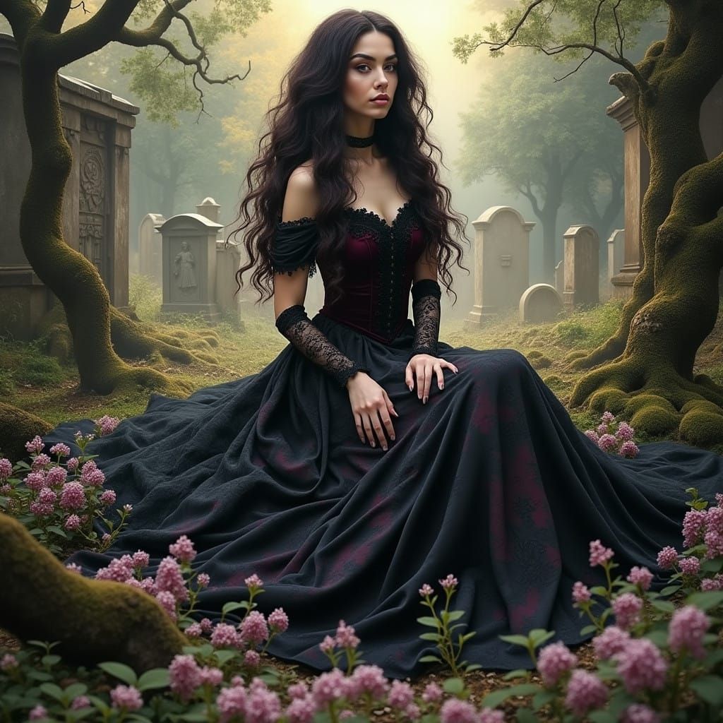 A raven-haired woman with alabaster skin and piercing emerald eyes ...