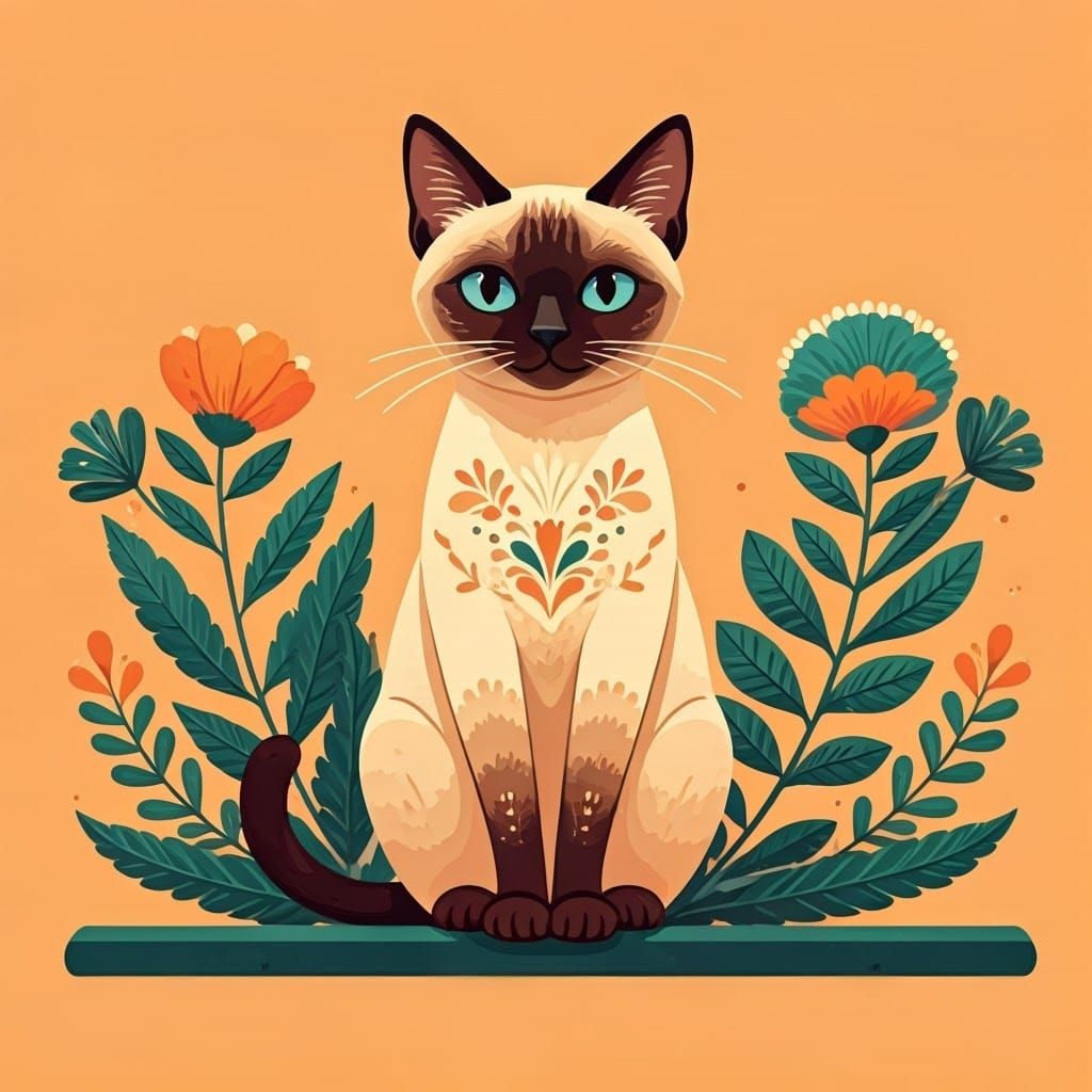 Vibrant Siamese Cat in Scandinavian Folk Art Style - AI Art