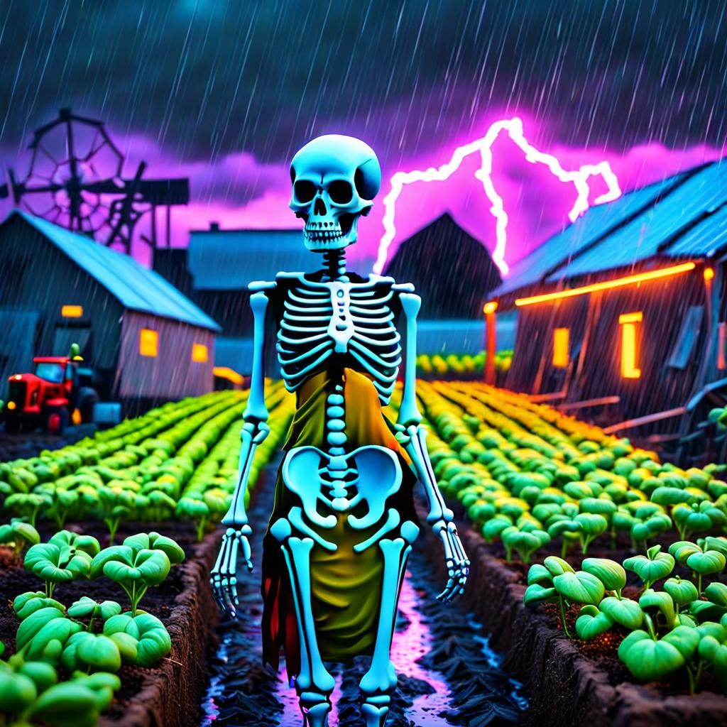A skeleton as a farmer in a farming yard with rich crops - AI Generated ...