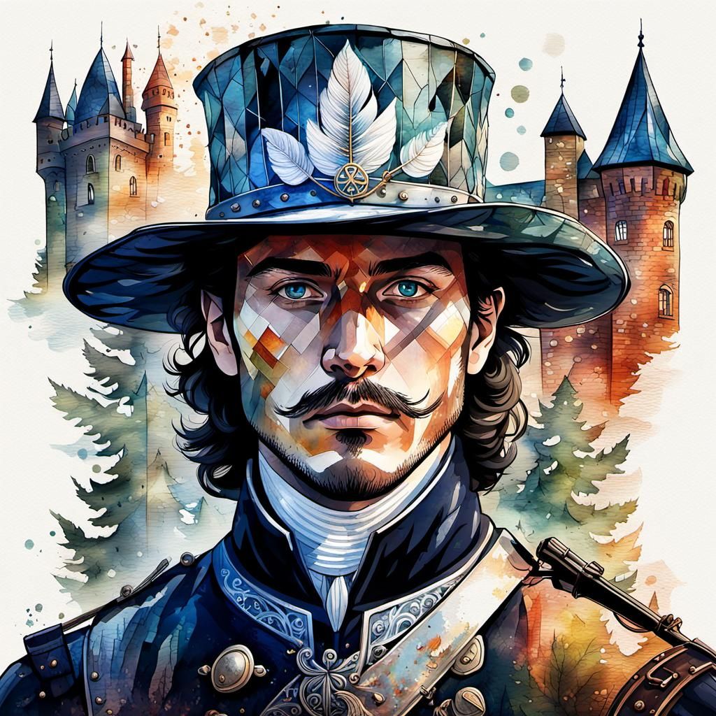 Over-detailed portrait of Brave Musketeer in a double exposure with ...