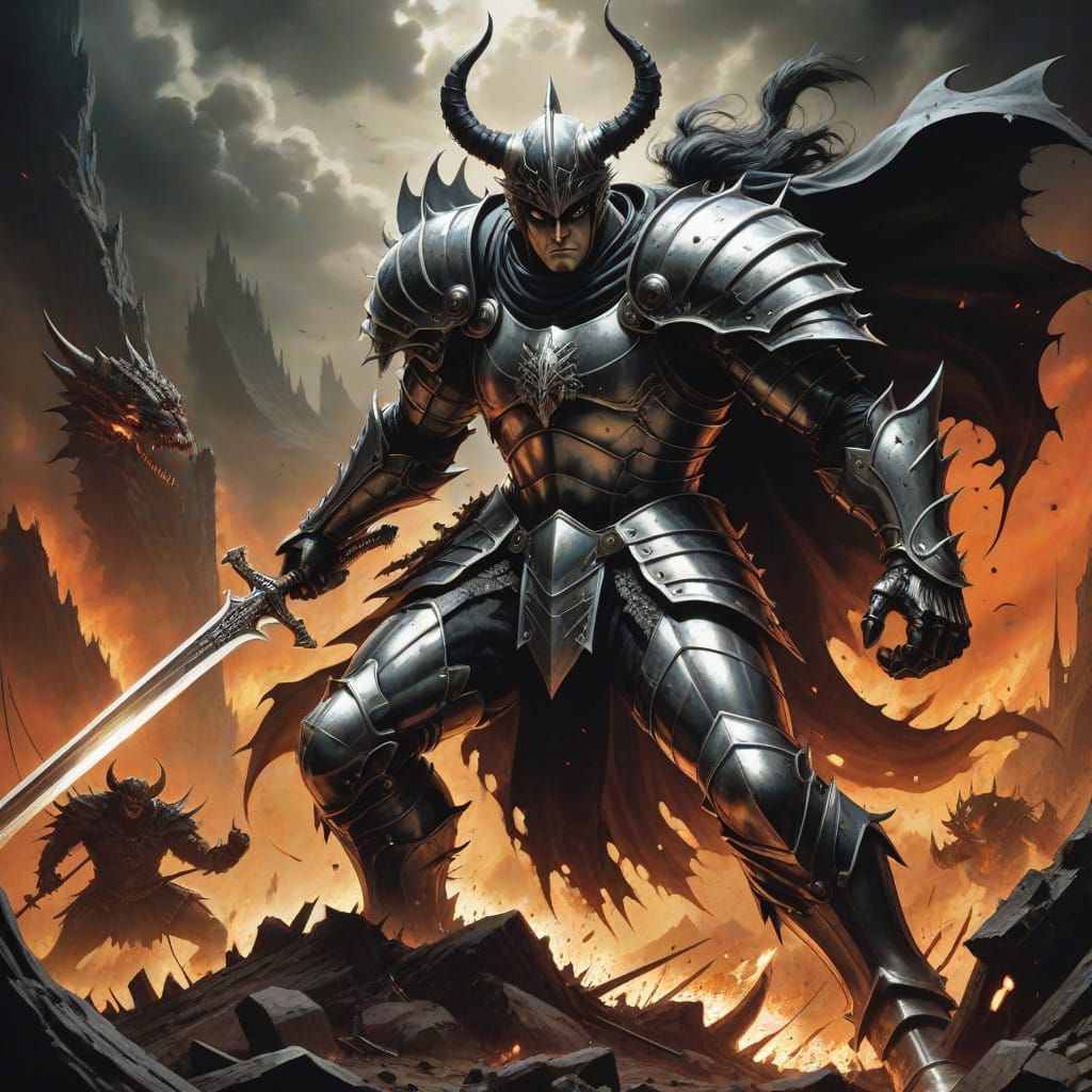 Knight in Shining Armor Battles Dark Demon Lord - AI Art