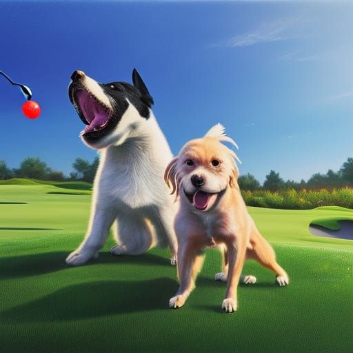 two dogs play golf; one has the ball in his mouth and the other chases ...