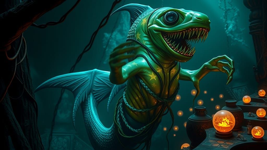 Monstrous Mermaid Creature in Dark, Underwater Lai... - AI Art