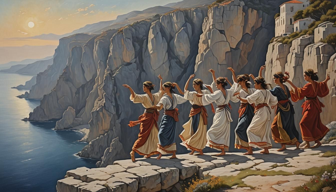oil painting of the Greek Souliote women dancers on cliff, Dance of ...