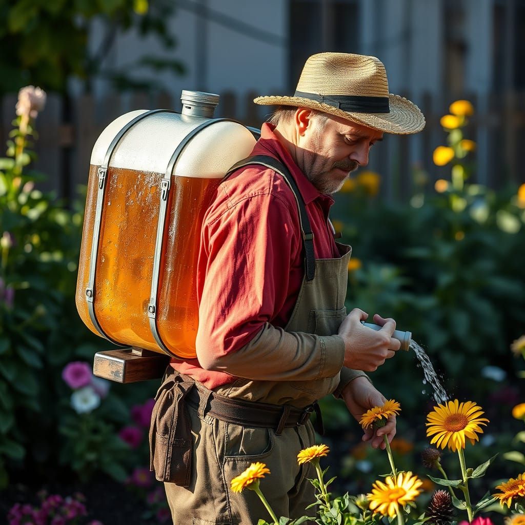A gardner with a transparent tank filled with beer on his back ...