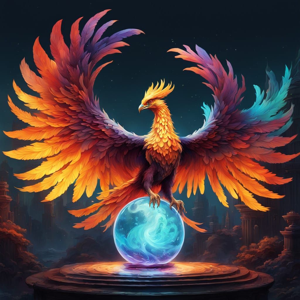 Mythical Phoenix in Vibrant Glass Orb - AI Art