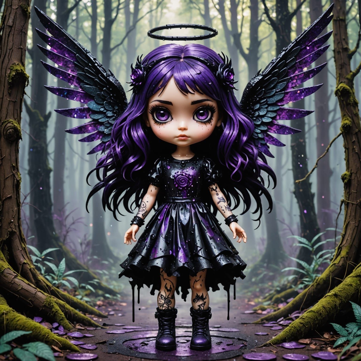 Gothic Angel Chibi in Neon Drip Effect - AI Art