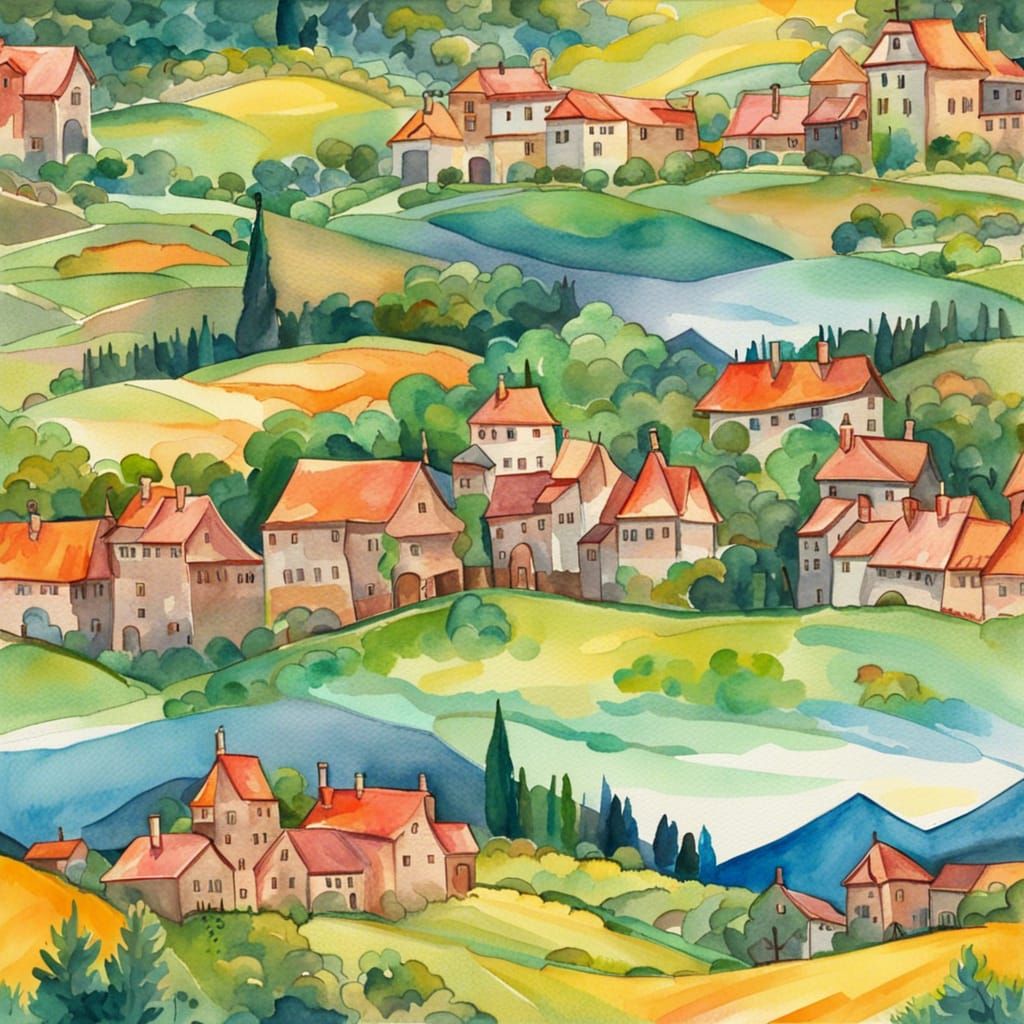 village in Gouache Style, - AI Generated Artwork - NightCafe Creator