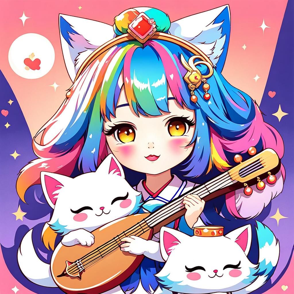 chibi girl with a cat on her head, lineart, inspired by Takehisa Yumeji ...