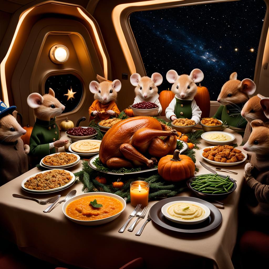 Thanksgiving dinner, photography, clothed mice mouse sitting in the ...