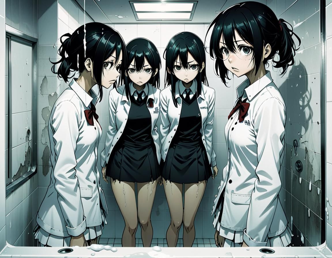 Three distressed highschool girls in a claustrophobic white bathroom by ...