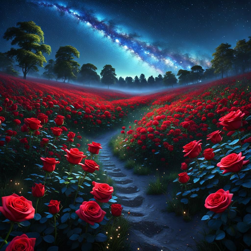 Red roses field, fireflies, stary night sky, milky way, serene ...