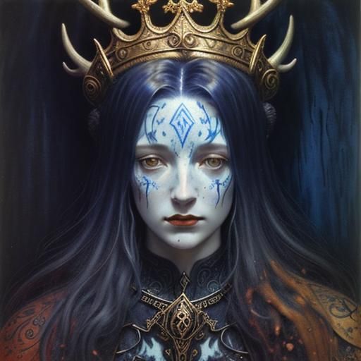 translucent antler crowns, indigo blue & red ochre, gigantic female ...