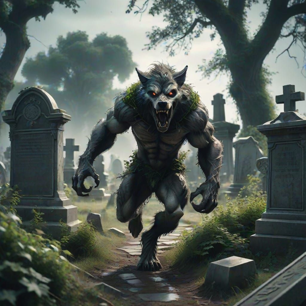Werewolf Emerges from a Forgotten Cemetery - AI Art