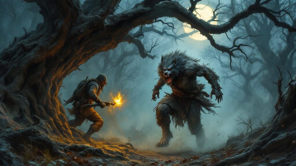 Wolfman Battles Hunter in Dark, Gothic Forest - AI Art