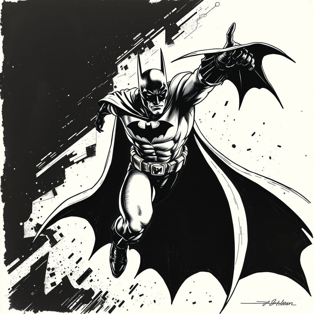 pen and ink drawing of Batman throwing his bat-a-rang, medium shot ...