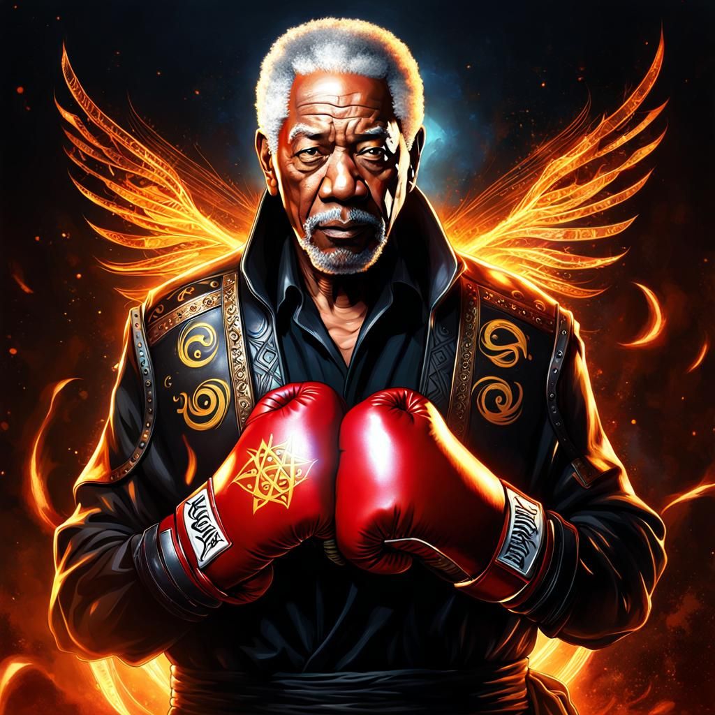 Morgan Freeman wearing boxing gloves with incandescent runic writings ...