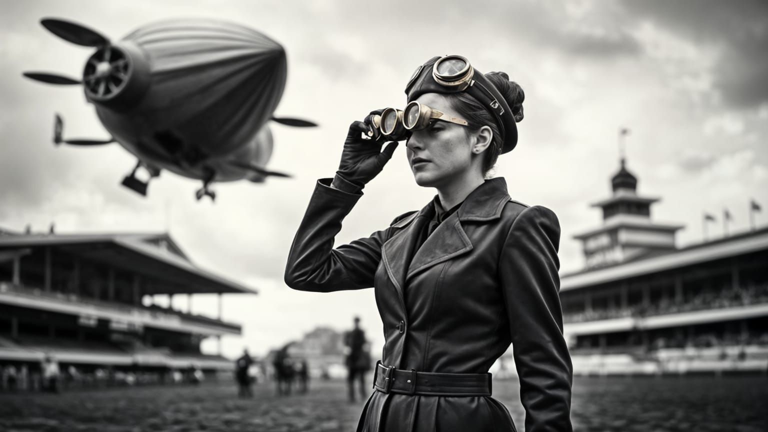 Steampunk Woman Observes Horse Racing with Vintage... - AI Art