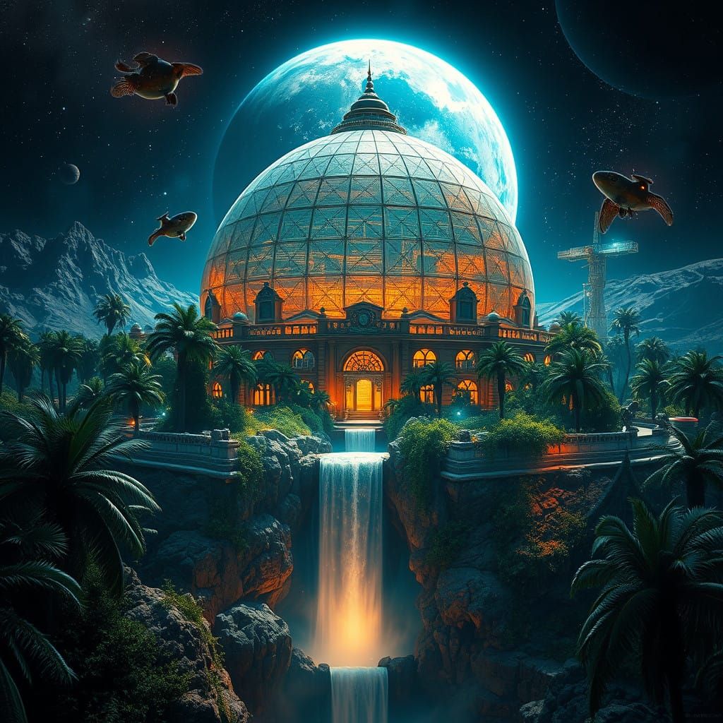 Surreal Lunar Oasis in Vibrant Triadic Colors - AI Art