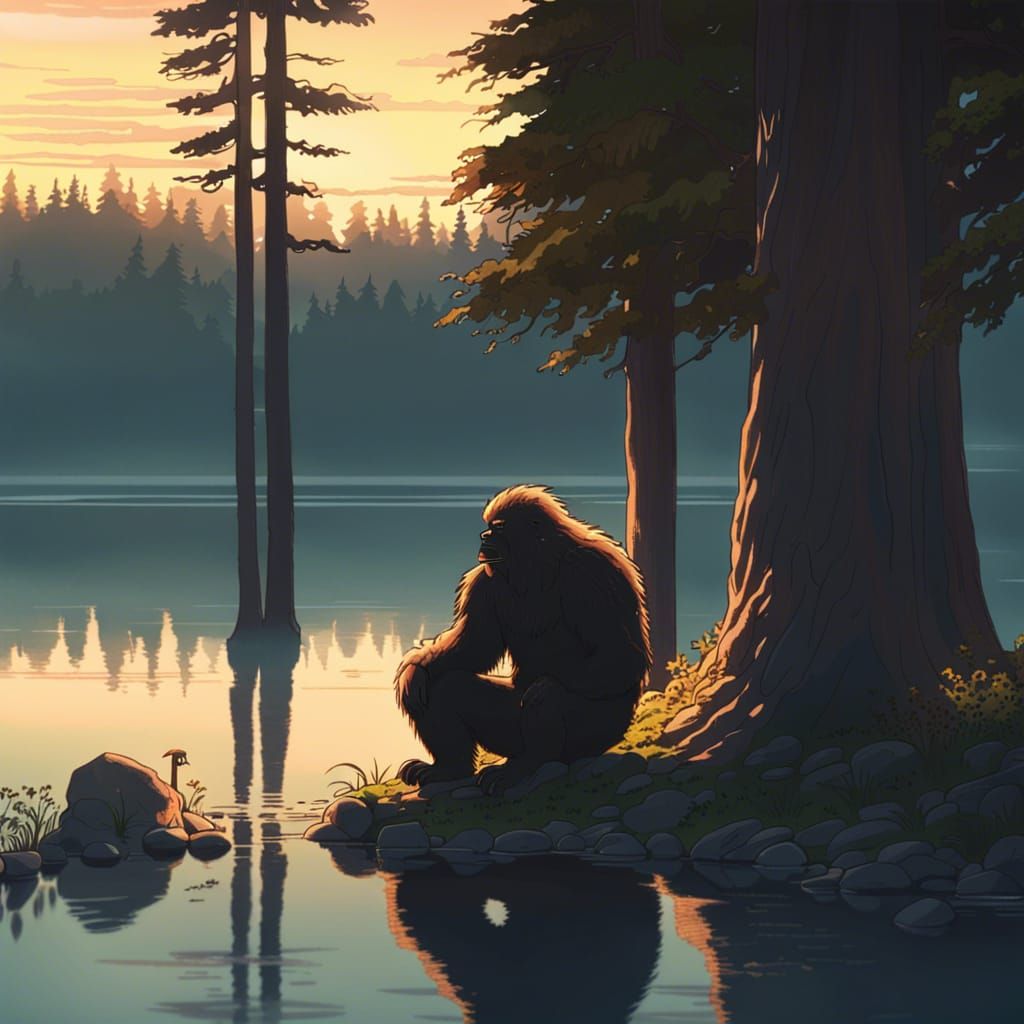 Sasquatch sitting near a lake at sunrise with trees Studio Ghibli ...