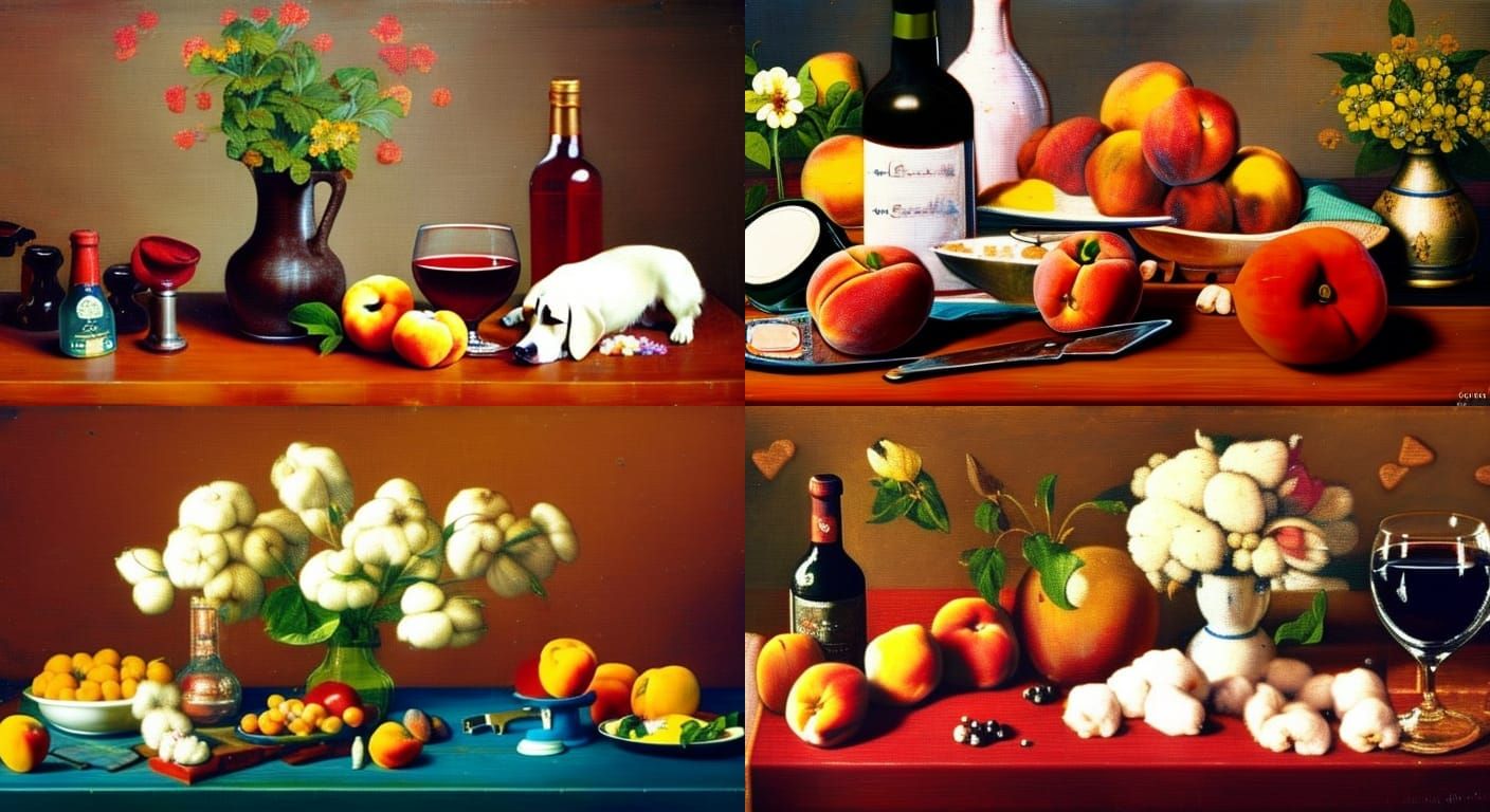 still life, wooden table, peaches, red wine bottle, glass, bouquet of ...