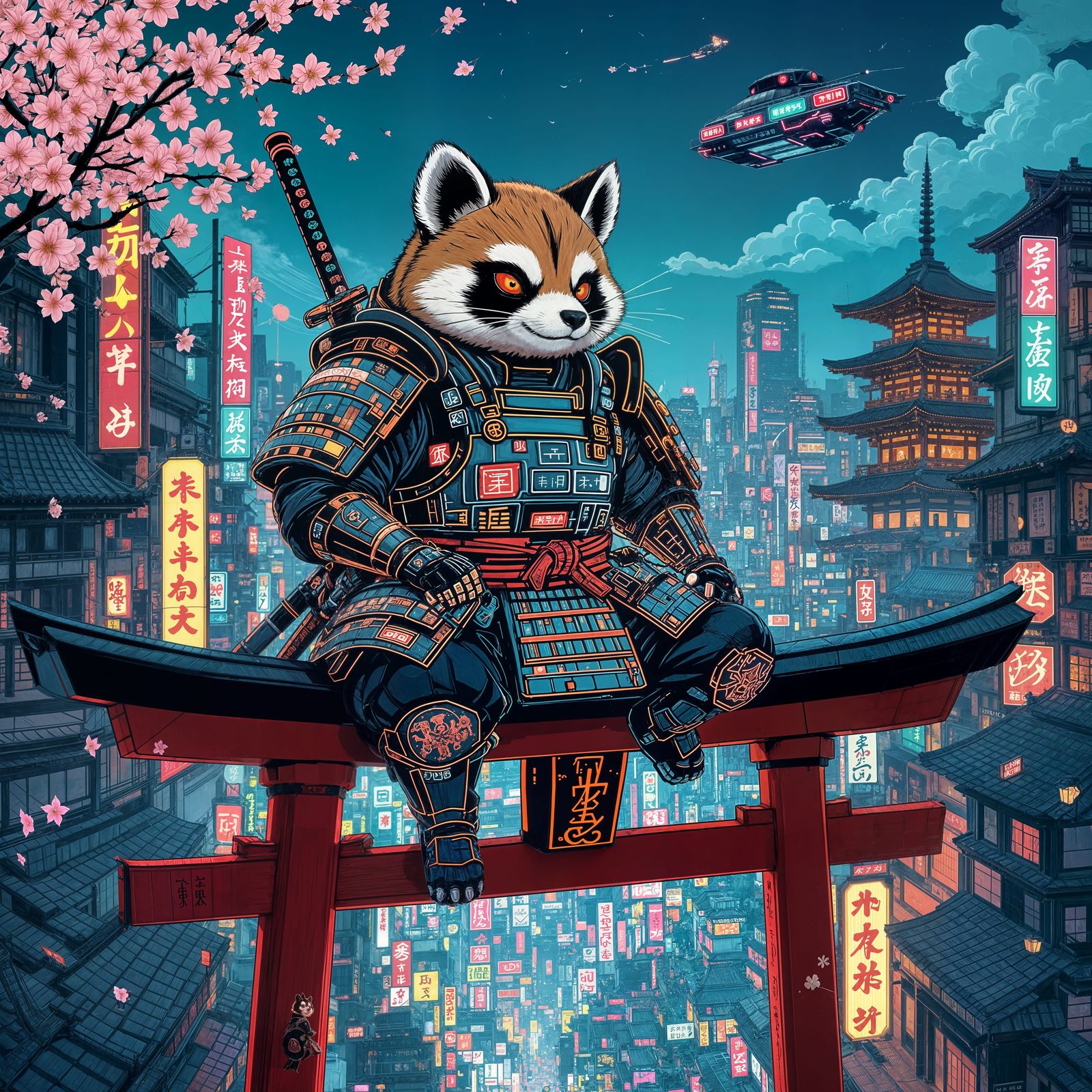 Tanuki 01 - Tanuki in Cyberpunk Cityscape, Cel-Shaded Style