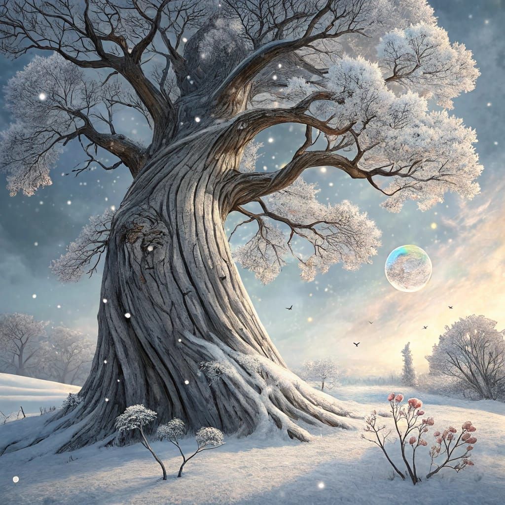 A majestic, ancient tree trunk, its rugged, silvery bark etched with ...