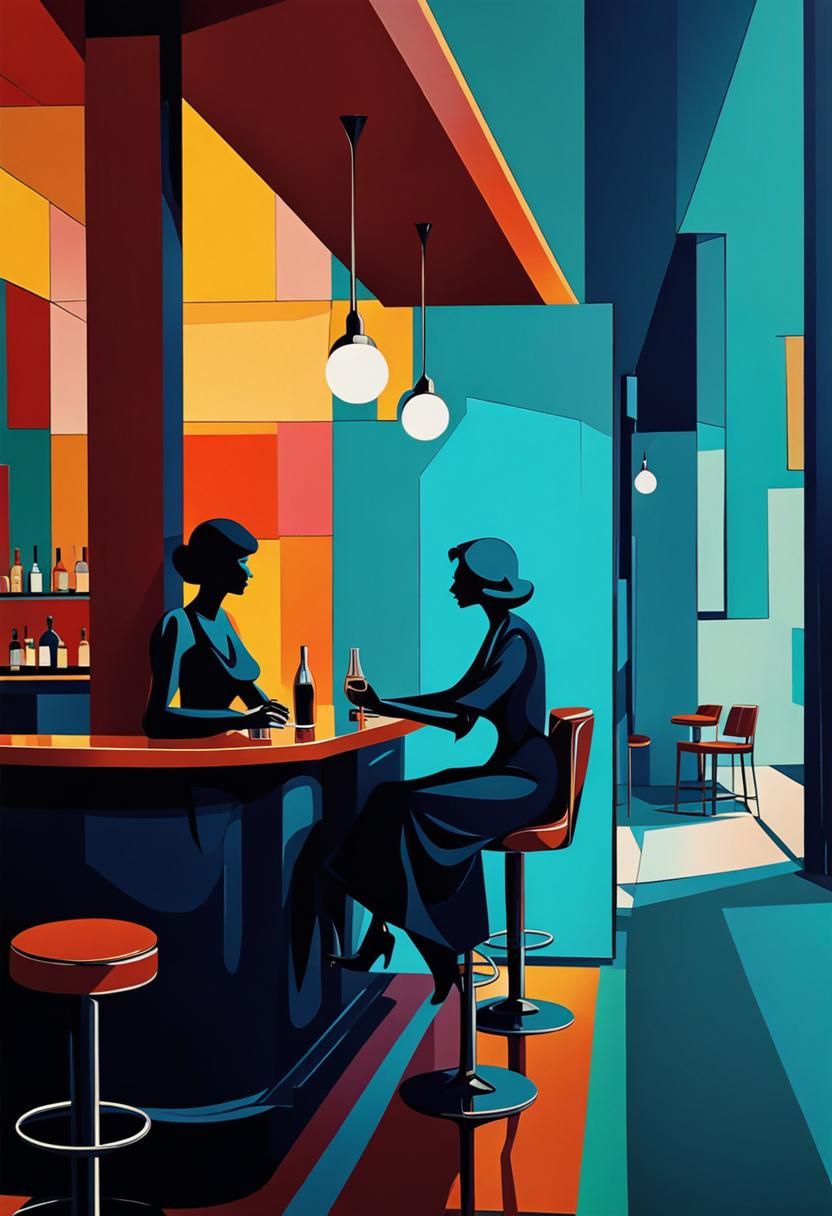 Two ladies sitting at the bar. abstract art complementary colors fine ...