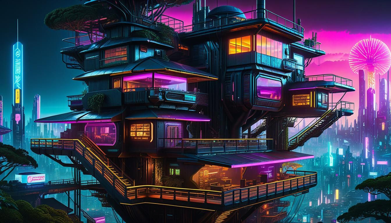 Intricately Detailed Multi-Tiered Cyberpunk Treehouse - AI Generated ...