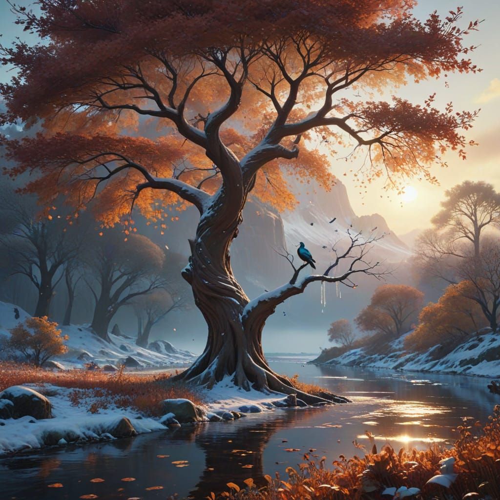 Ethereal Autumn Scene with Majestic Tree and Perch... - AI Art