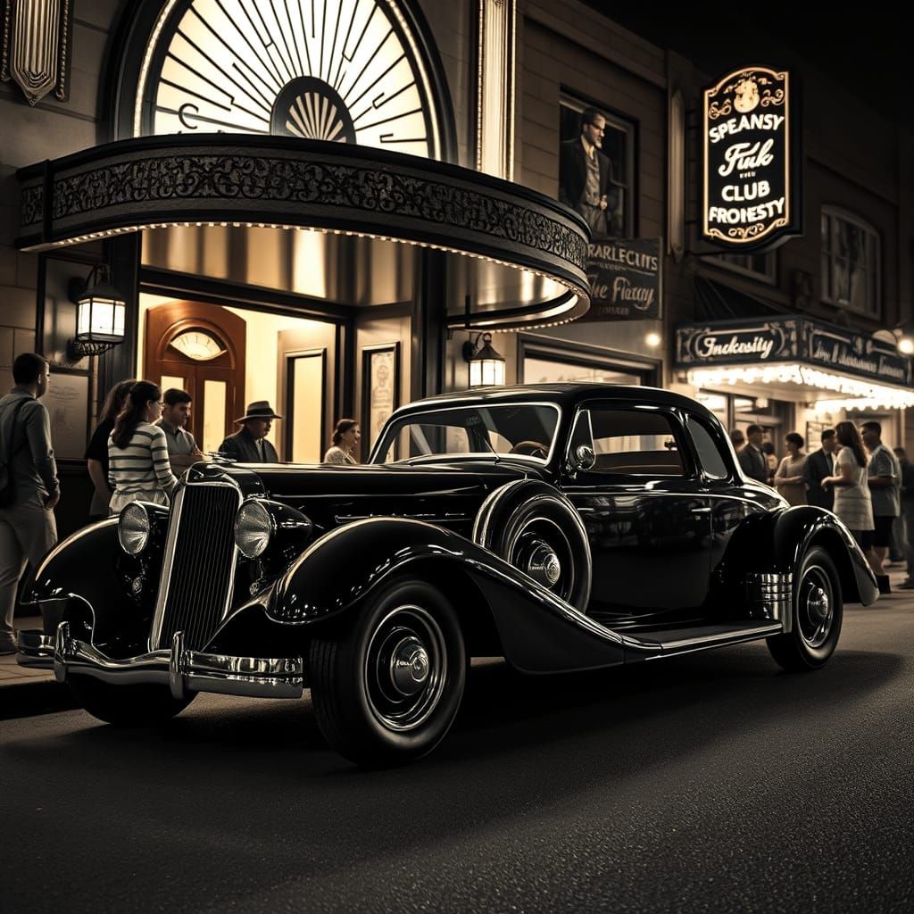 Vintage Art Deco Automobile Outside Roaring Twenti... - AI Art
