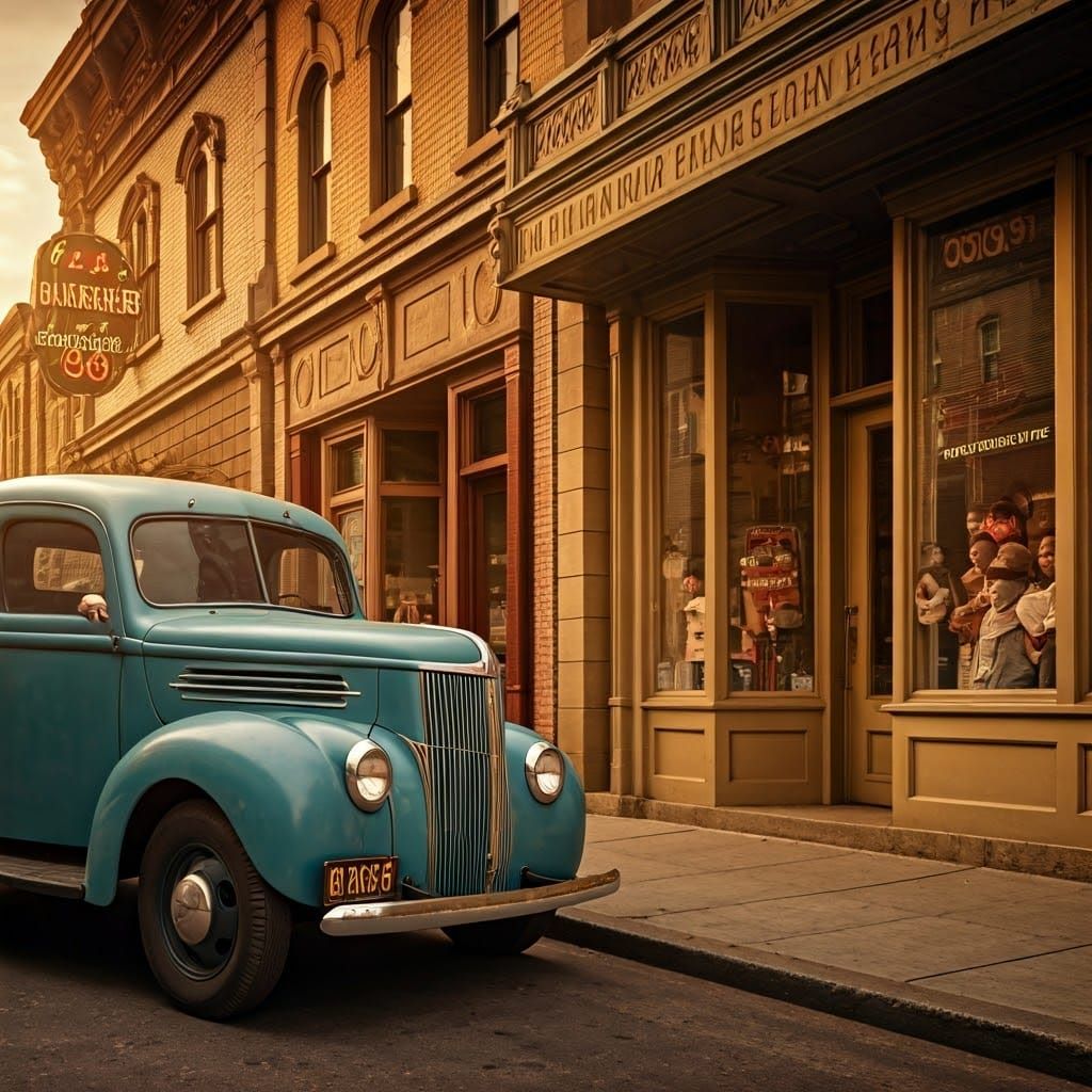view from street looking at old time neighborhood storefronts including ...