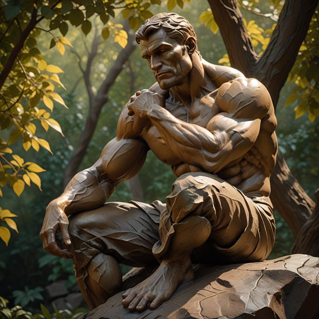 Stone Statue - Muscular Figure in Contemplative Repose