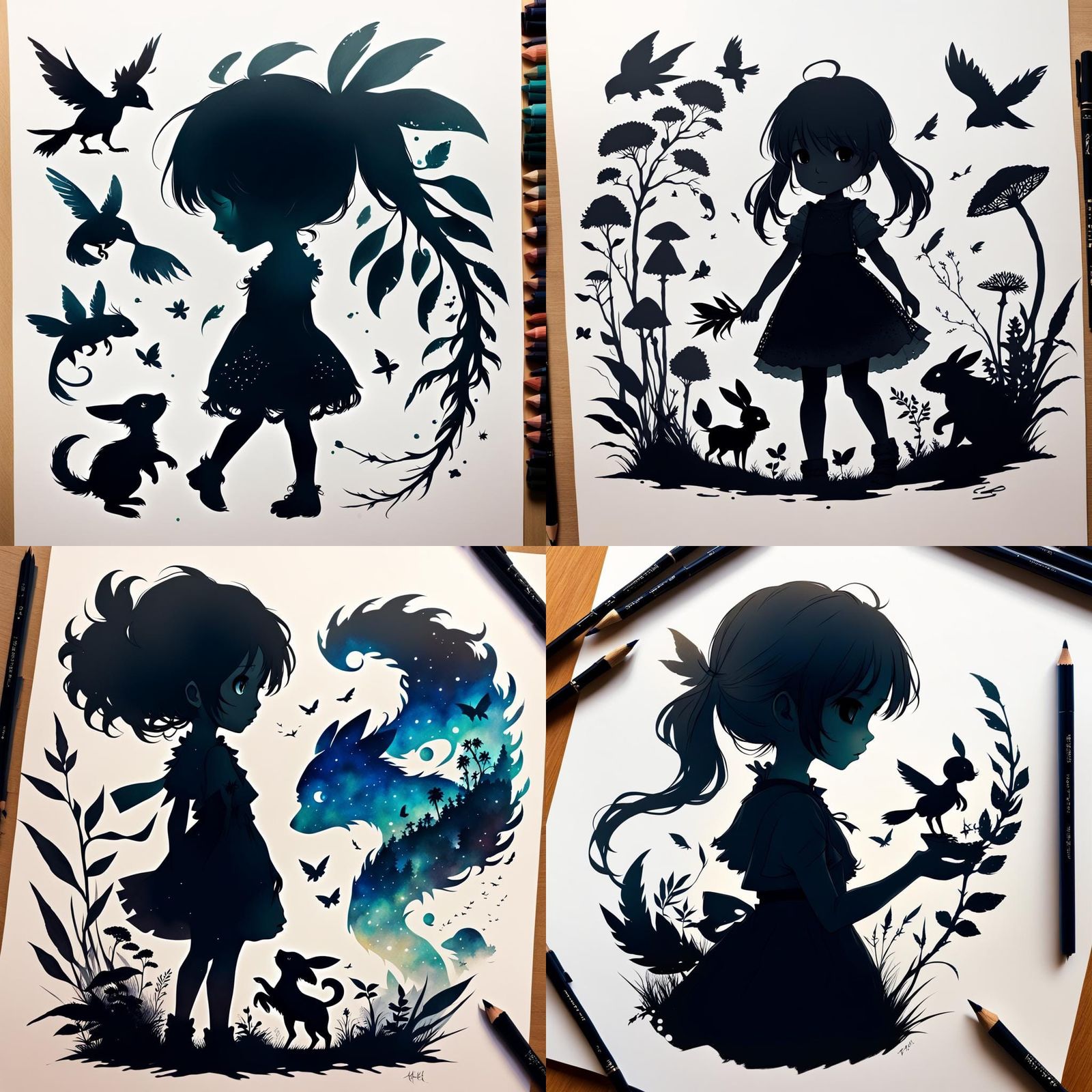 An anime-inspired drawing art collaboration of a little girl silhouette ...