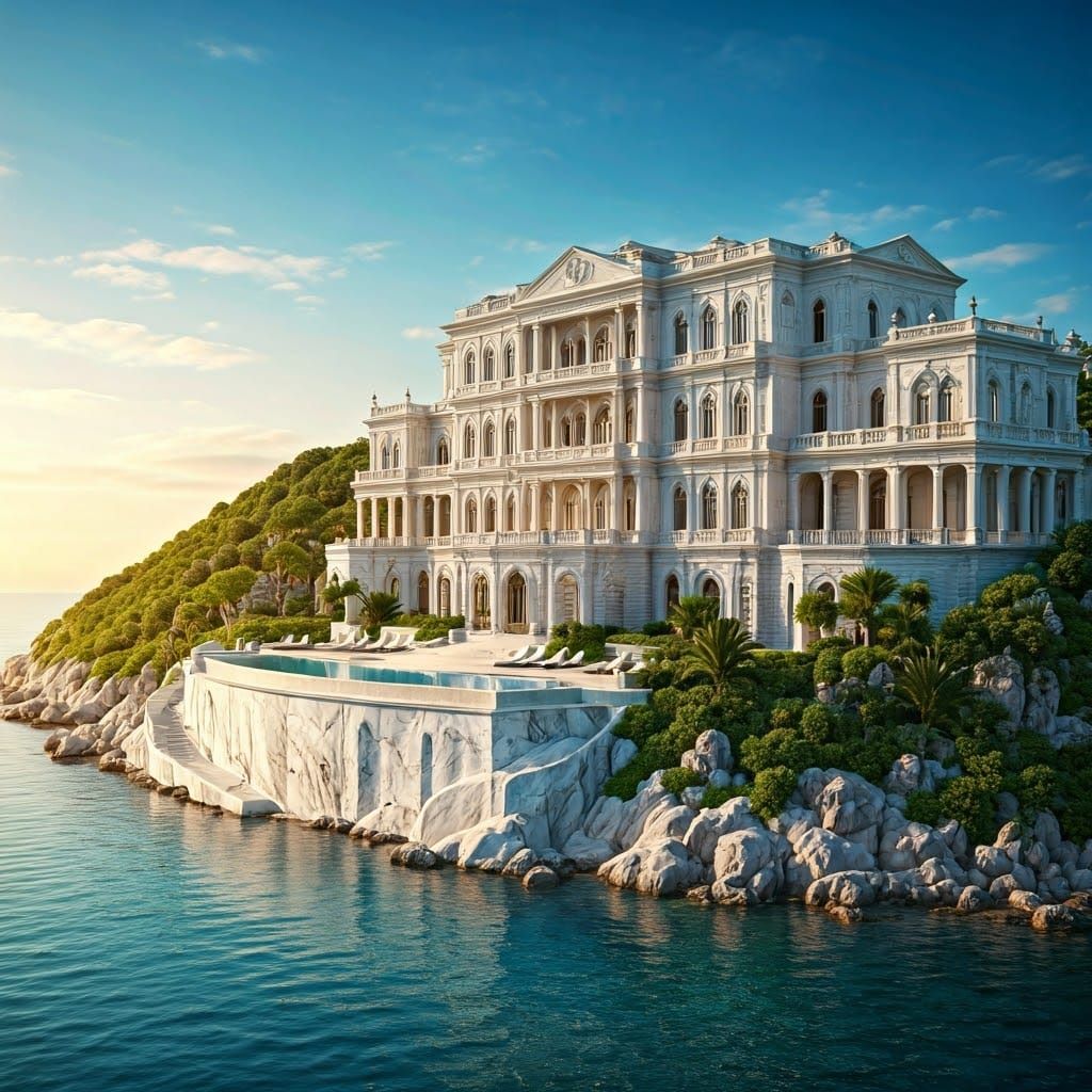 Colonial White Marble Mansion Emerging from Ocean ... - AI Art