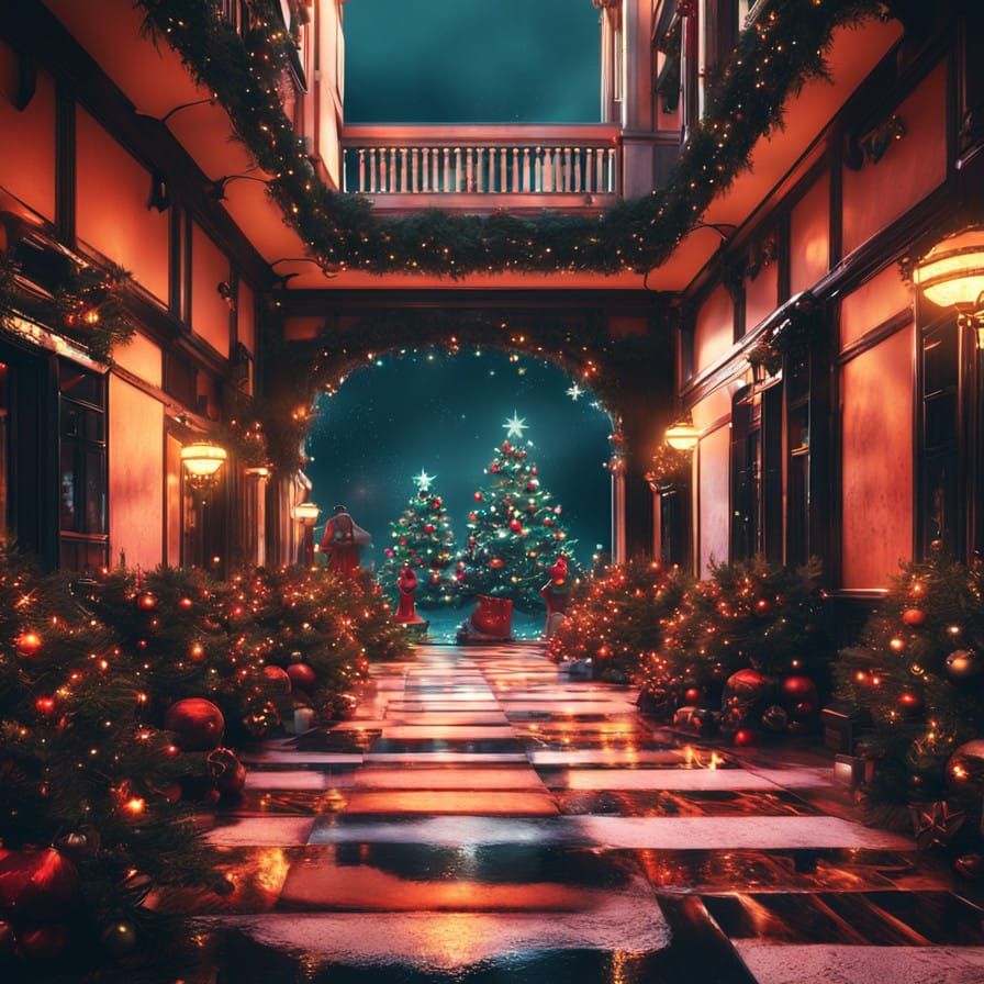 Christmas celebration scene with lots of flair, lights, and colors