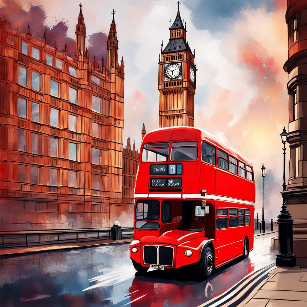 Postcard from London with Big Ben and a red double decker bus - AI ...