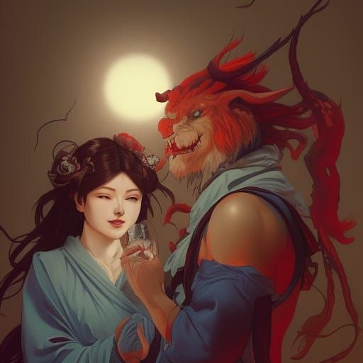 "red-Oni and blue-Oni having a raucous drinking-celebration up in the ...