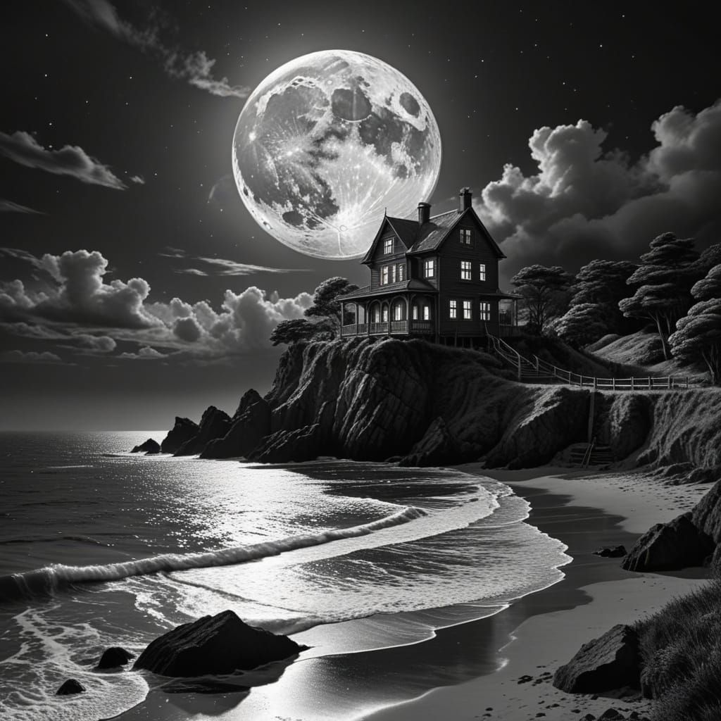 Black and white ink drawing. Lone house on shore