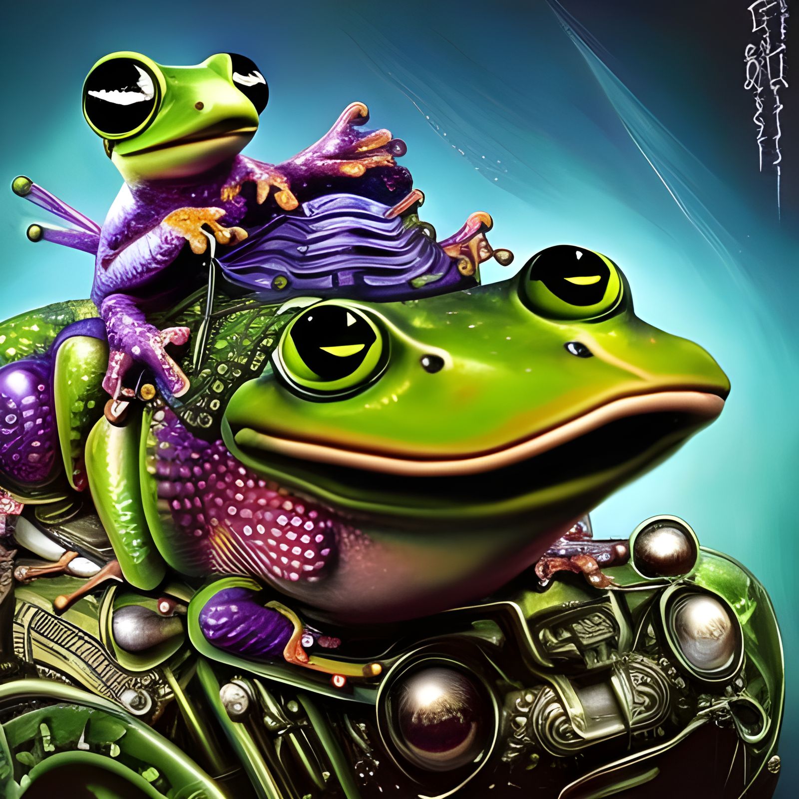 Frog riding a bicycle. Anthropomorphic cute cyberpunk synth wave frog ...
