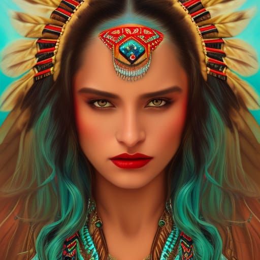 beautiful native american female, dark wavy hair, red lips, tribal ...