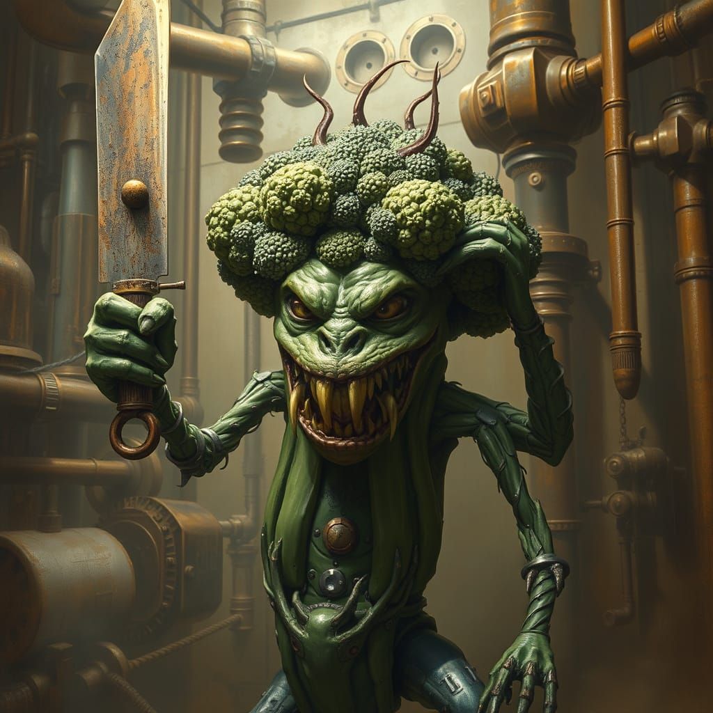Angry broccoli raises a machete - Mechanical Broccoli Warrio...