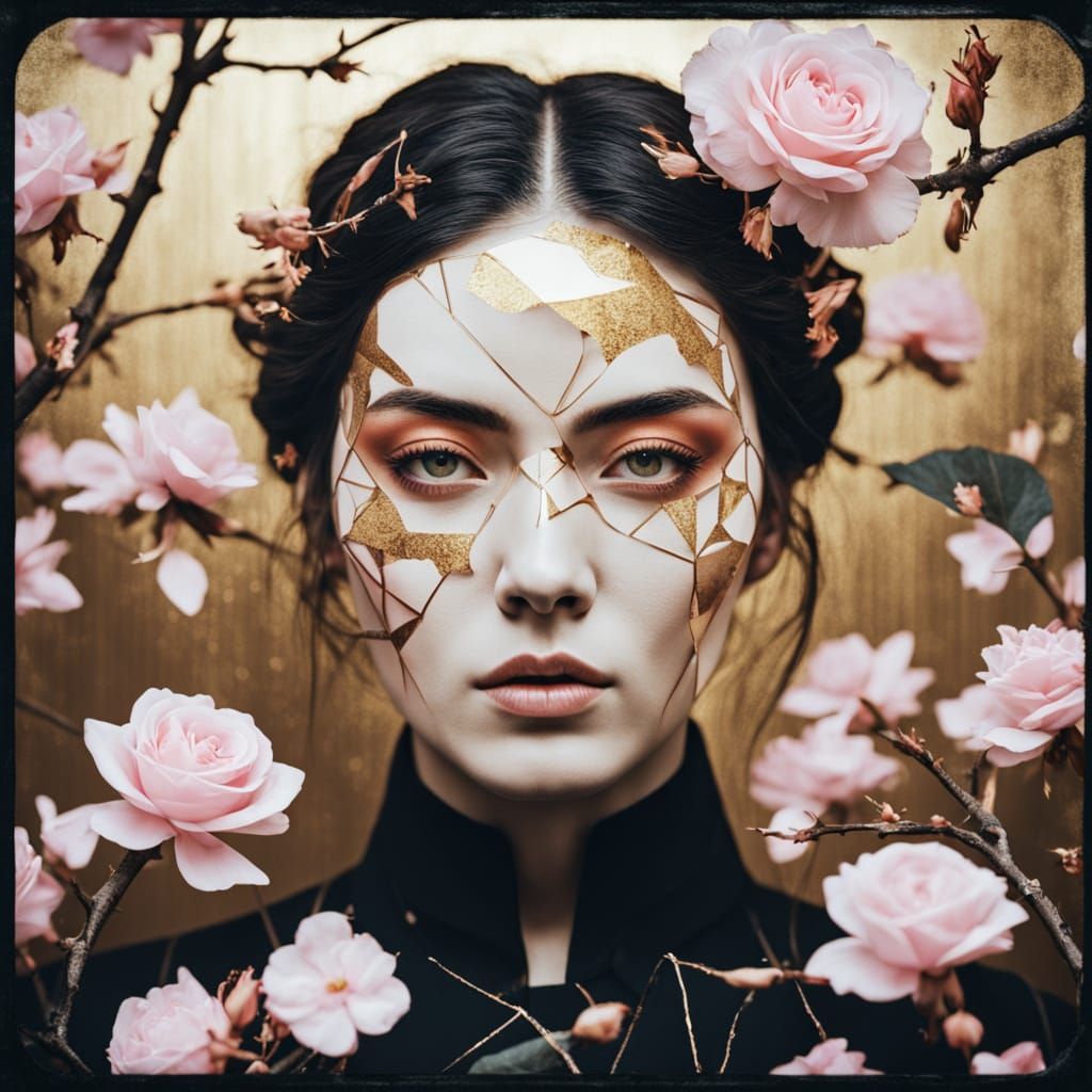Ethereal Retro Futuristic Portrait with Rose Petal... - AI Art