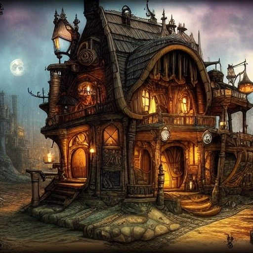 Bandits hideout fantasy steampunk whimsical detailed intricate ...