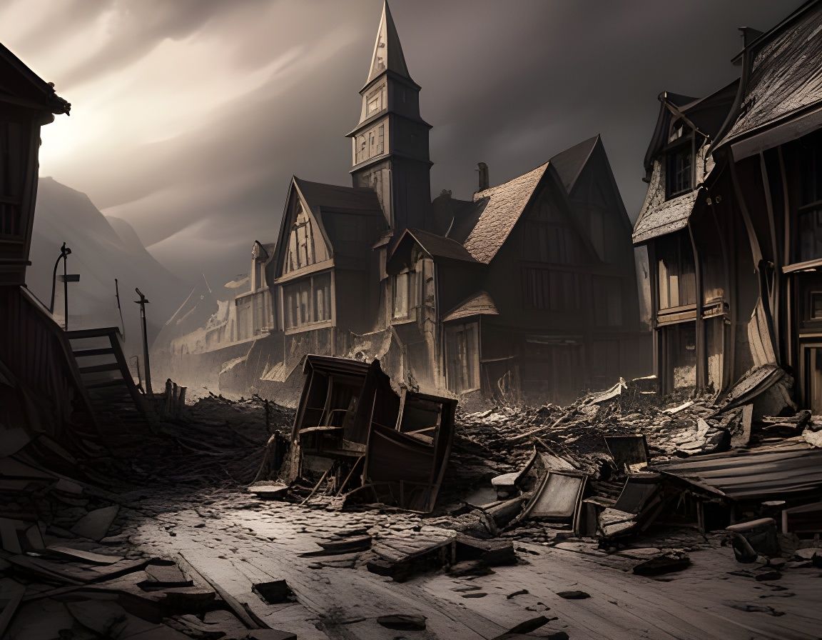 A fallen gothic dark fantasy town destroyed by lovecraftian monsters ...