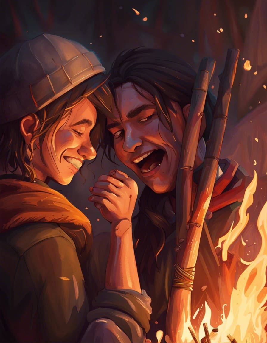 Two friends hugging eachother in front of a firecamp holding sticks ...